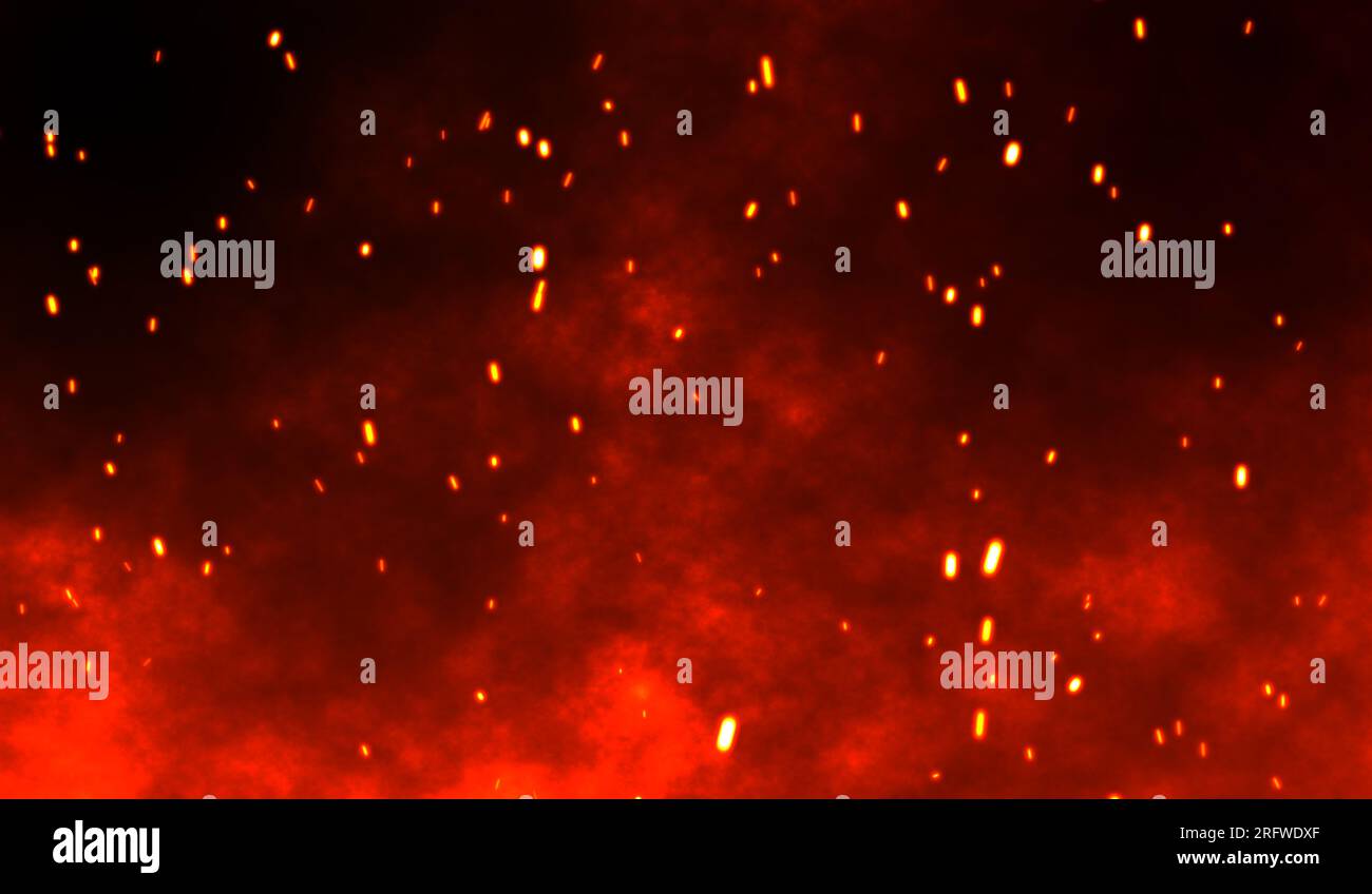 Burning orange sparks rise from fire ,Fire Particles on red gradient ...