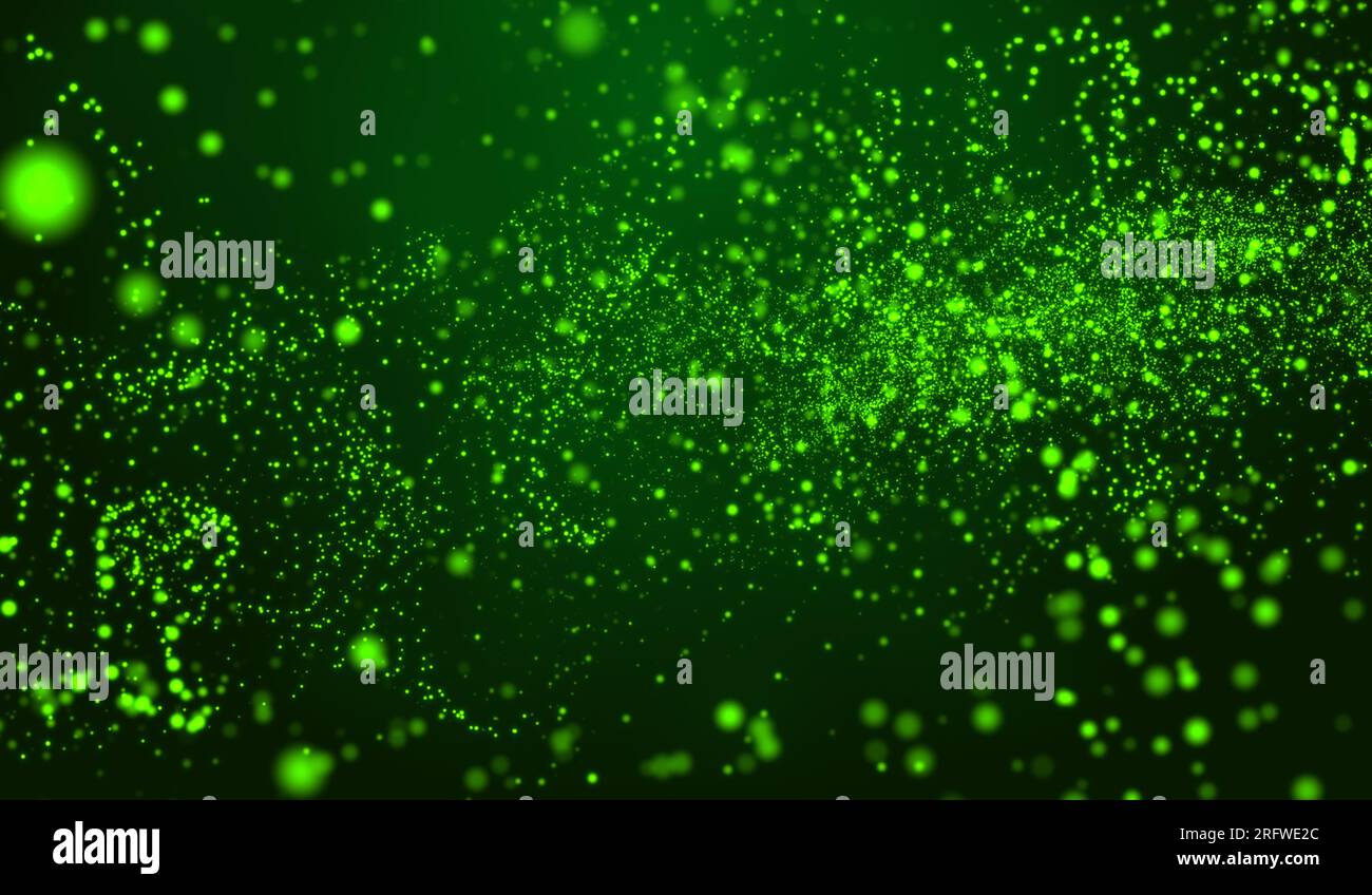 3D abstract digital technology green particles network on green ...