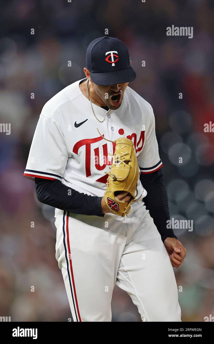 Minnesota Twins pitcher Jovani Moran reacts after striking out Arizona ...