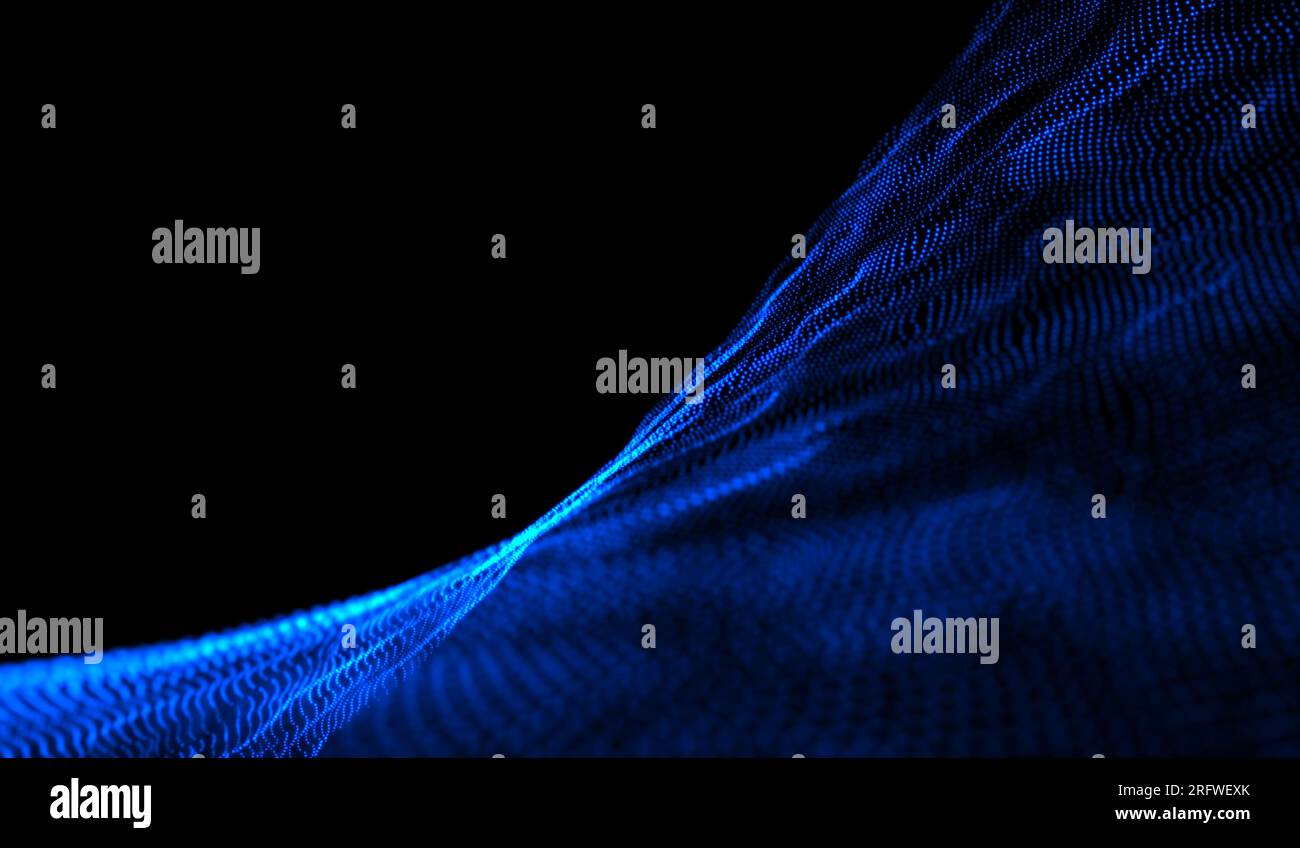 3D abstract digital technology blue light particles network wave on ...