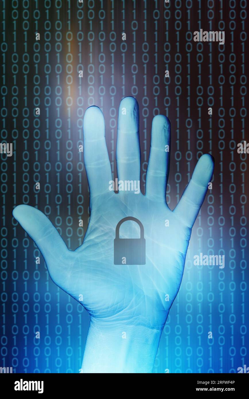 hand with a lock and binary backdrop, secure internet and cybersecurity ...