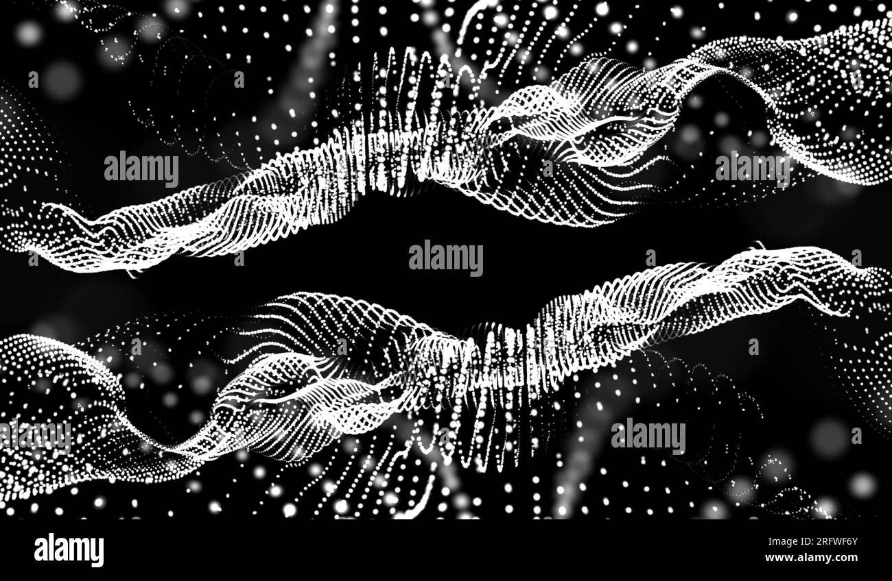 3D abstract digital technology white particles network wave on black ...