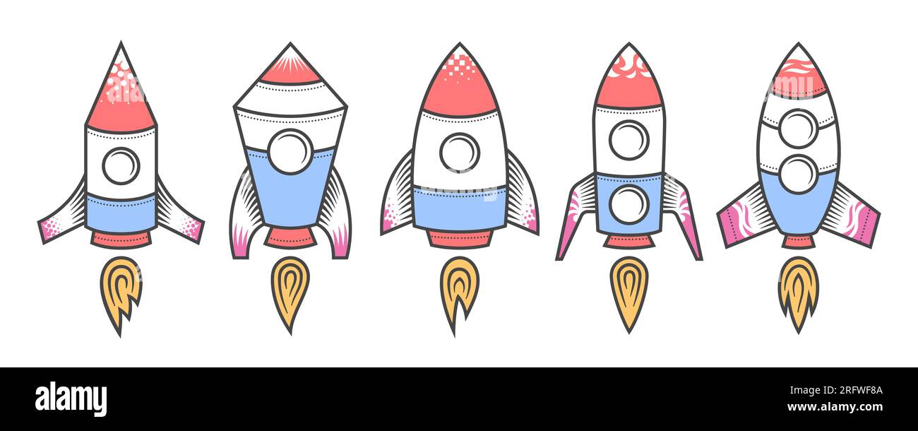 A set of rockets taking off with flames escaping from nozzles in ...