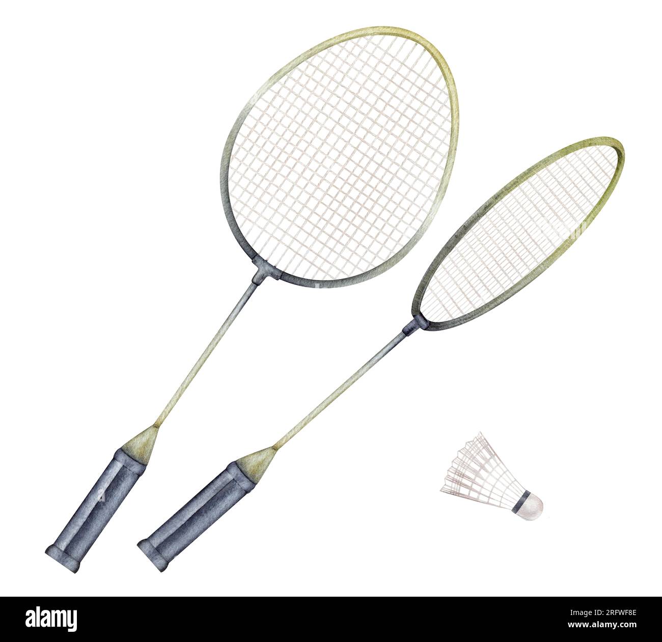 Badminton racket and shuttlecock watercolor illustration. Hand drawn ...
