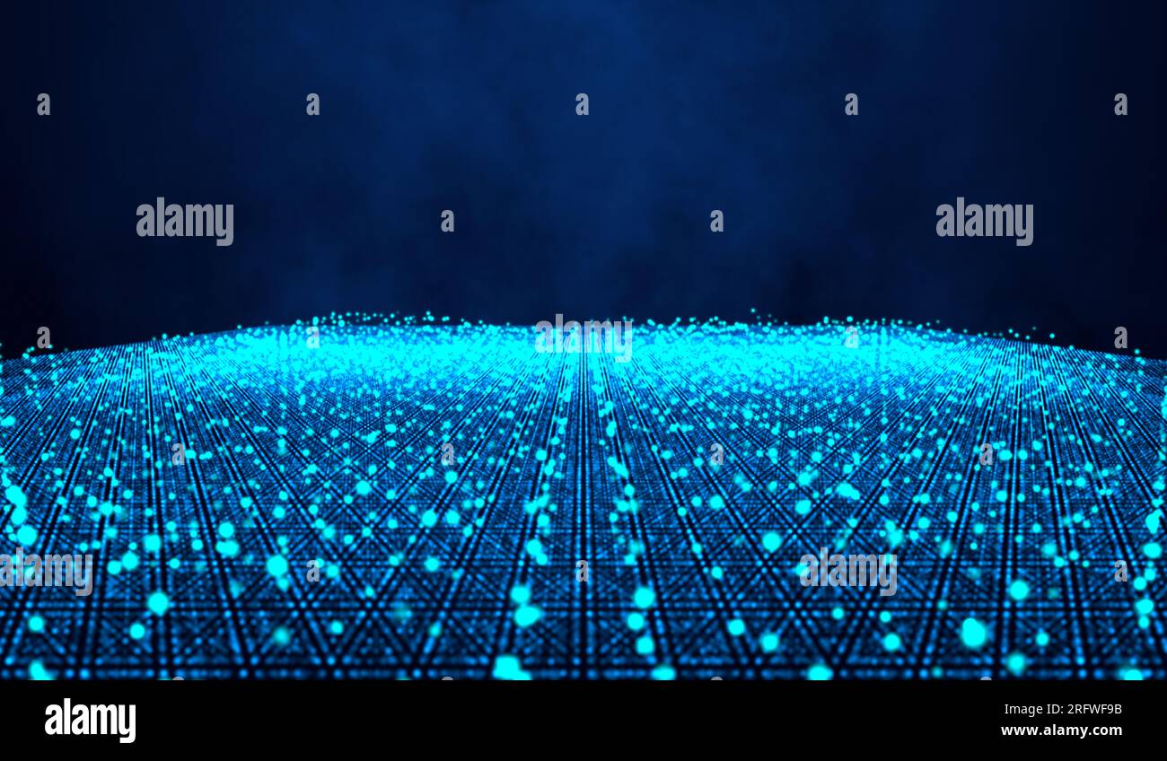 3D abstract digital technology blue light particles network wave on ...