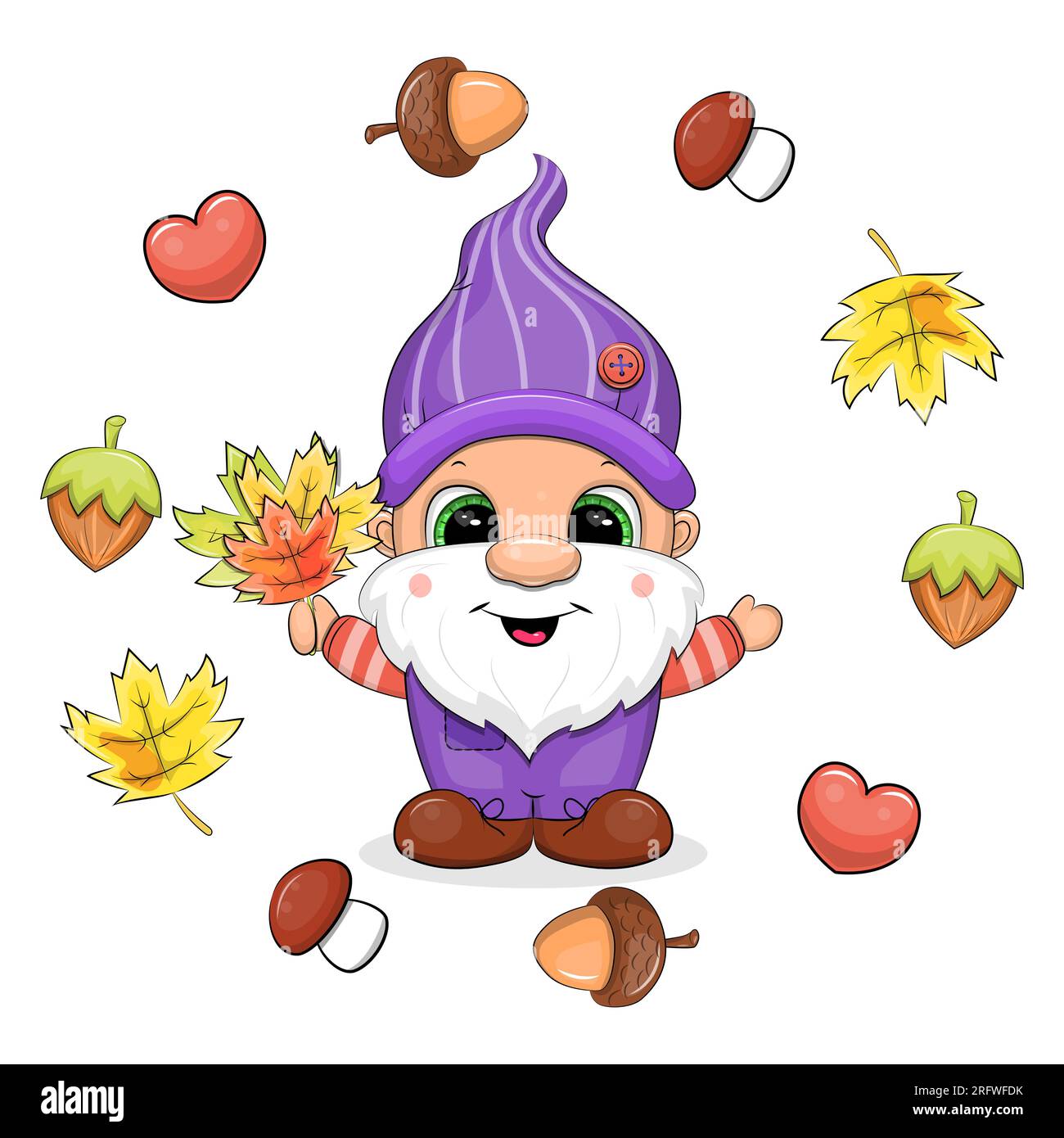 Cute cartoon gnome with fallen leaves. Autumn vector illustration of a ...
