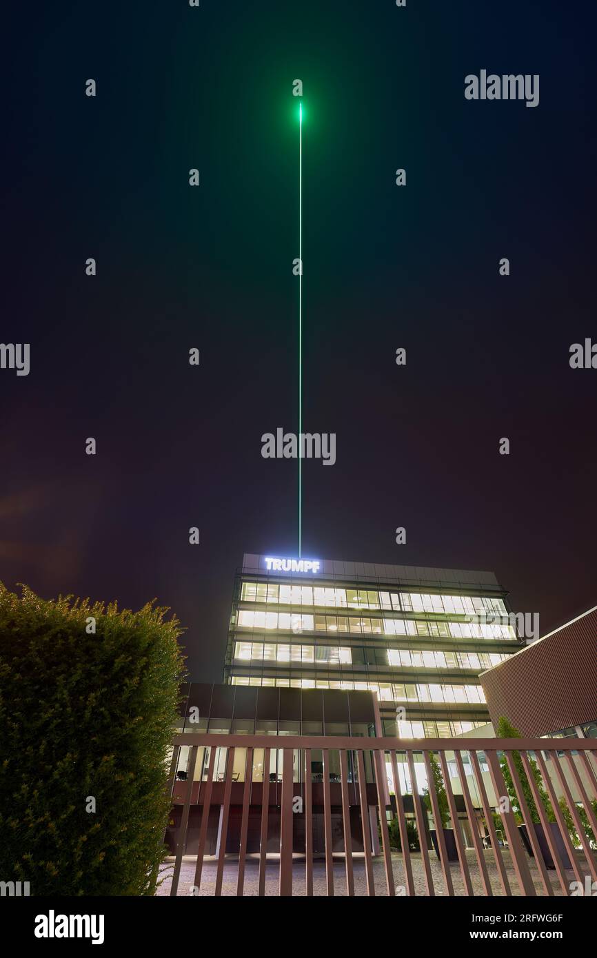 Ditzingen, Germany - August 05, 2023: Laser beam in green. Trumpf Tool ...