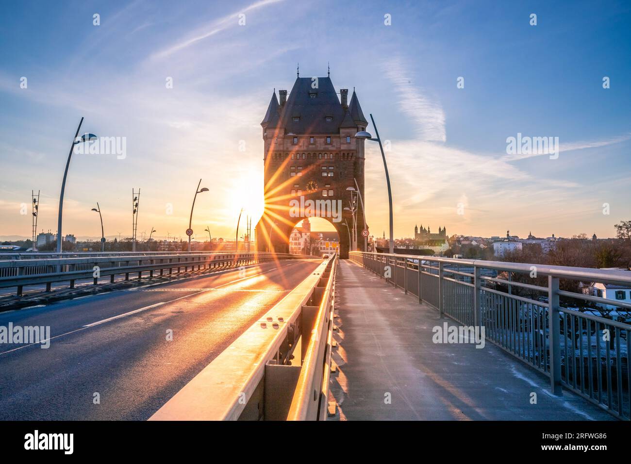 Worms in Germany. The famous Nibelungen Bridge in the sunset. Motorway ...