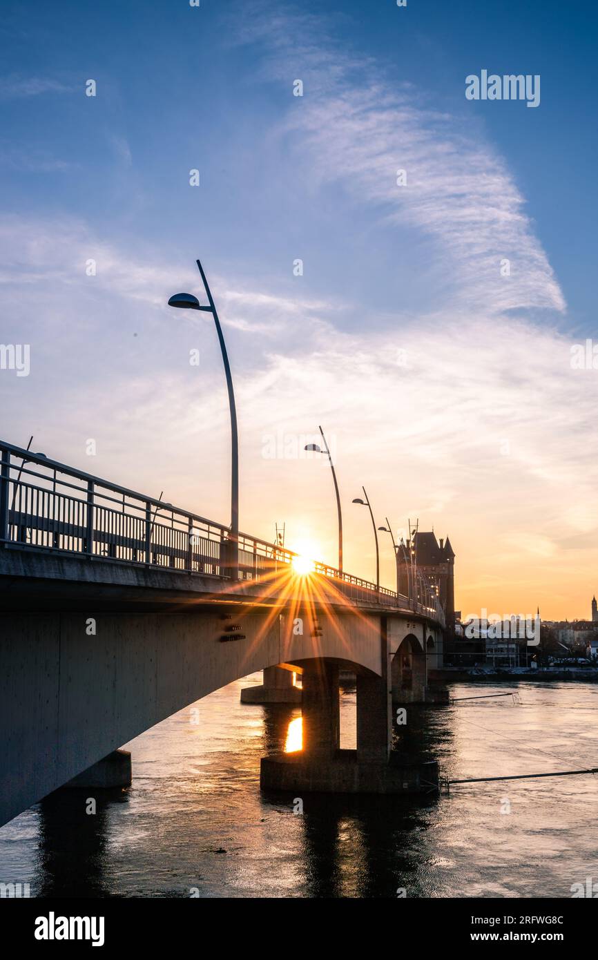 Worms in Germany. The famous Nibelungen Bridge in the sunset. Motorway ...