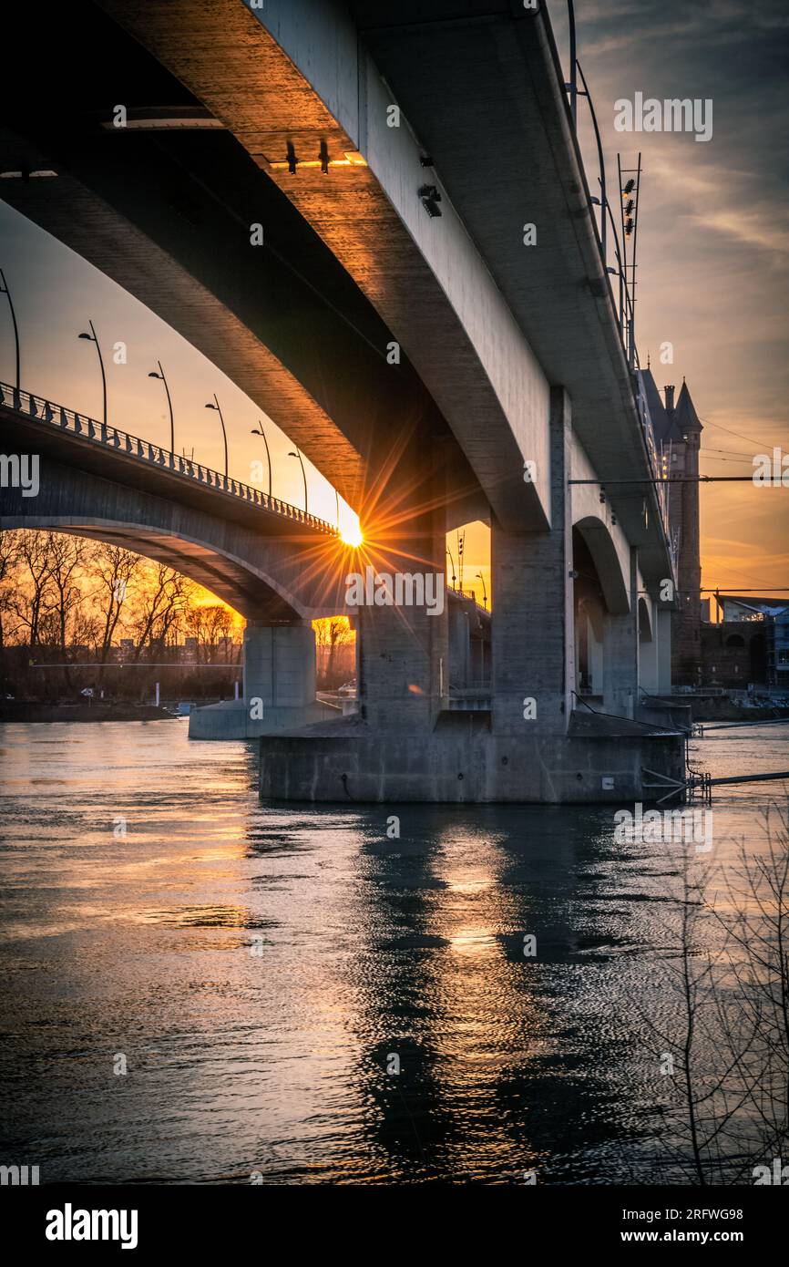 Worms in Germany. The famous Nibelungen Bridge in the sunset. Motorway ...
