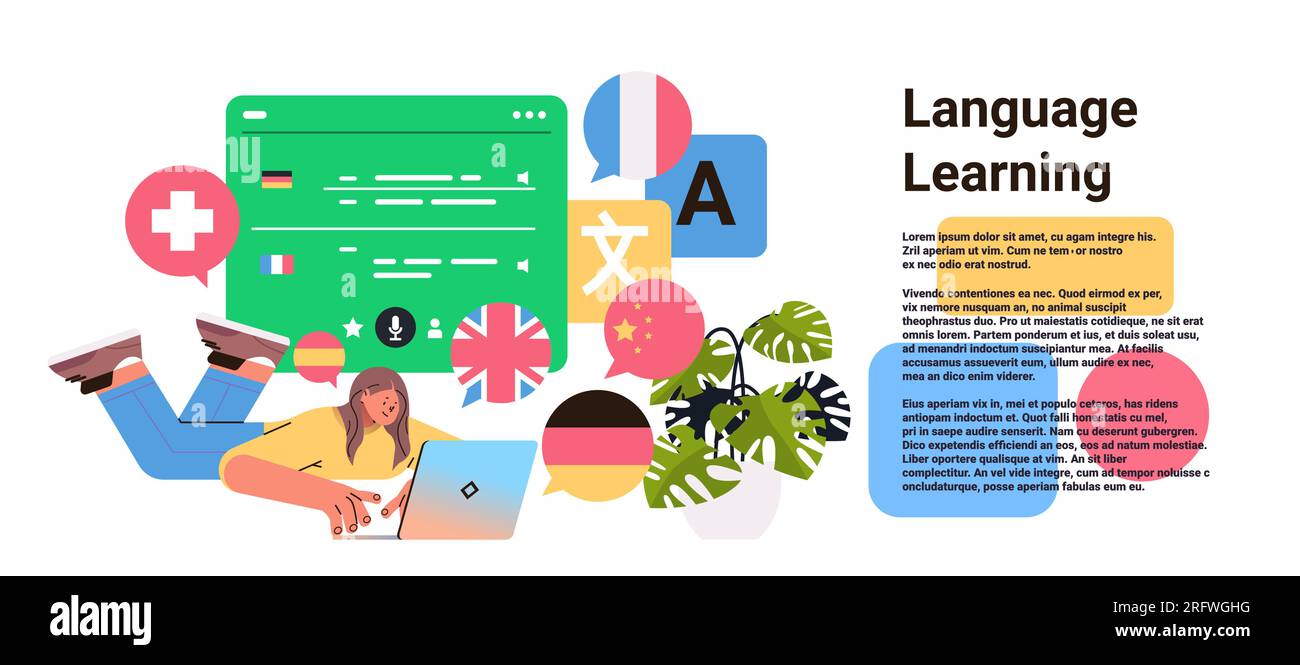 girl learning language on laptop online education e-learning concept ...