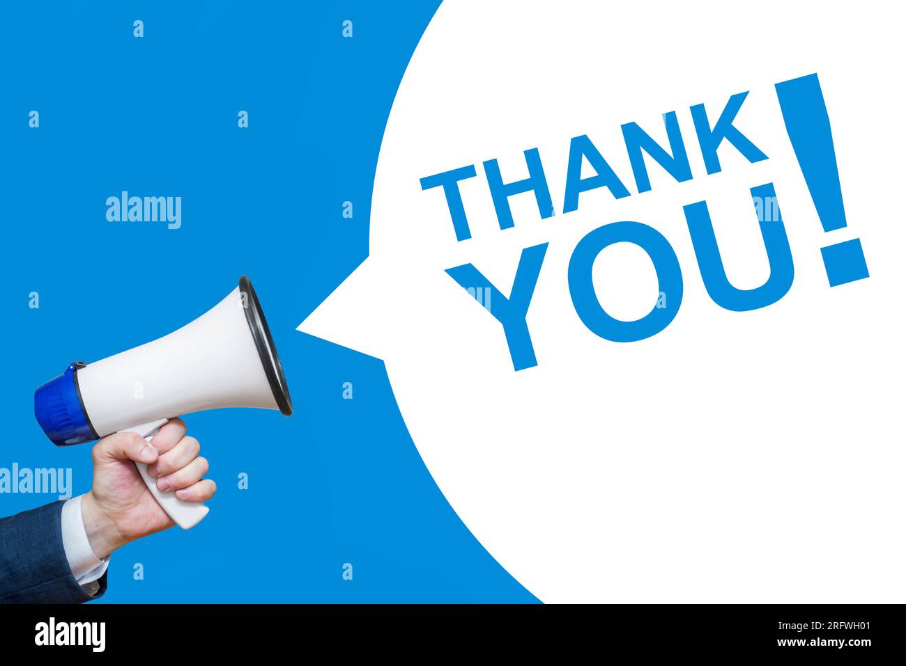 Male hand holding megaphone with Thank you speech Stock Photo - Alamy