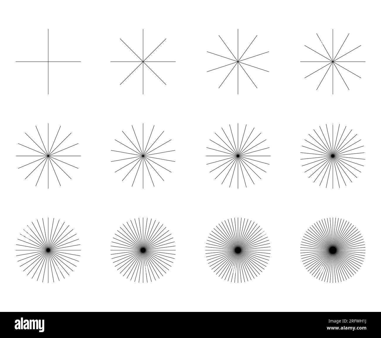 Set of converging radiating lines burst icon, geometric sunburst ...