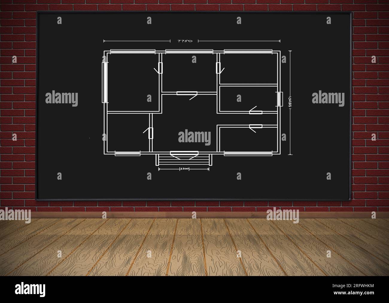 blackboard with drawing blueprint hanging on red brick wall Stock Photo ...