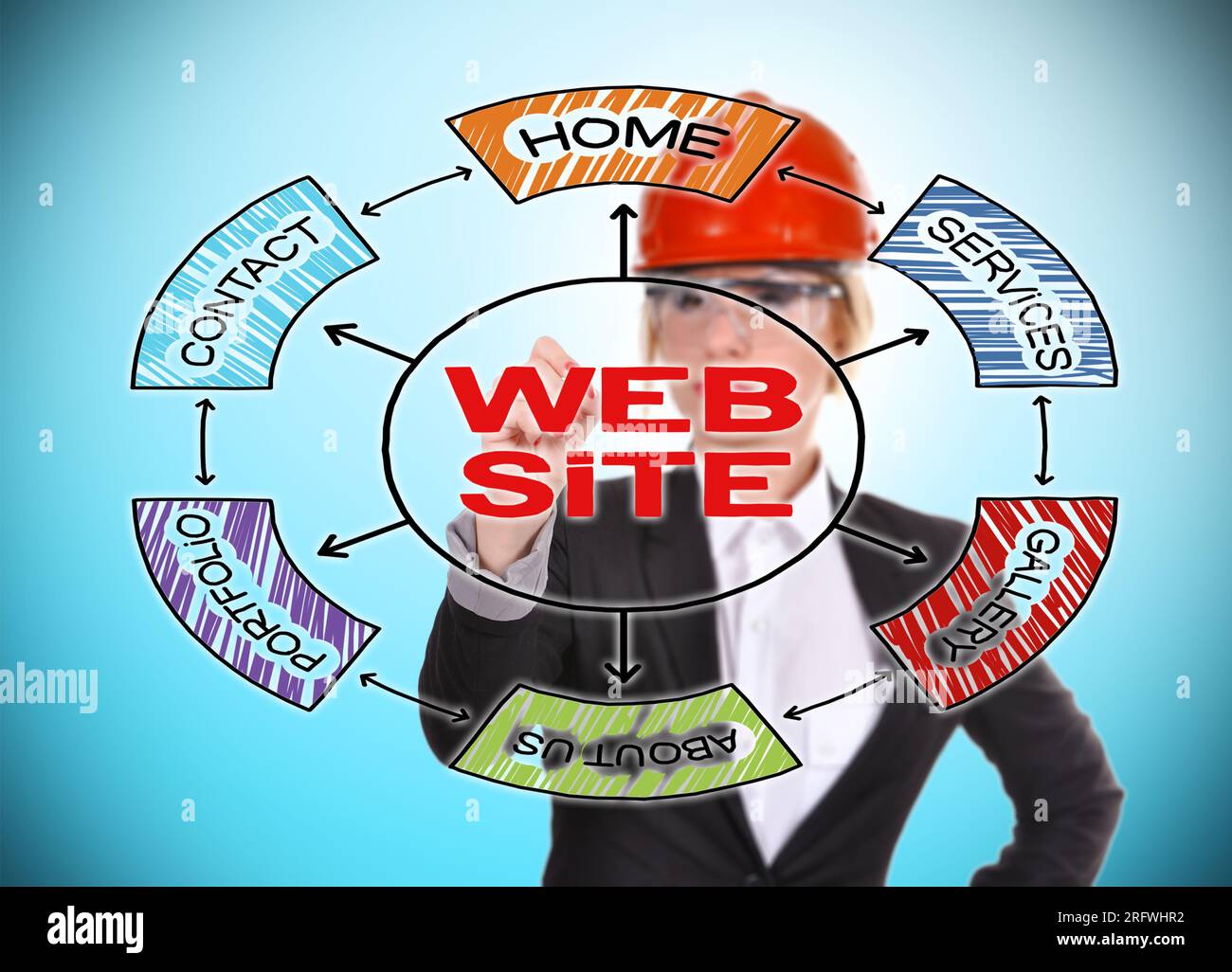 engineer woman drawing website concept on blue background Stock Photo ...