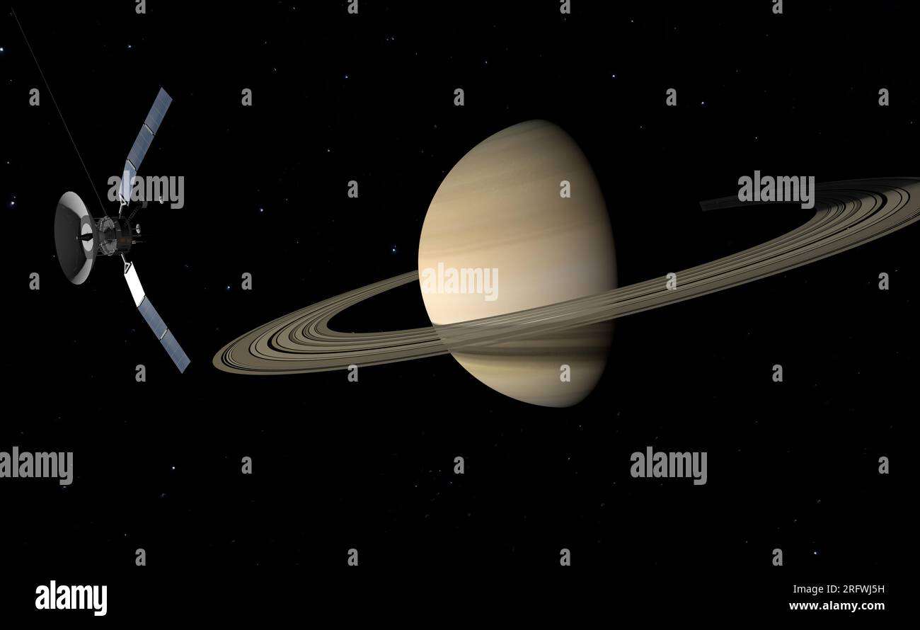 Space probe and Gas giant Saturn with its majestic ring-system Stock Photo - Alamy