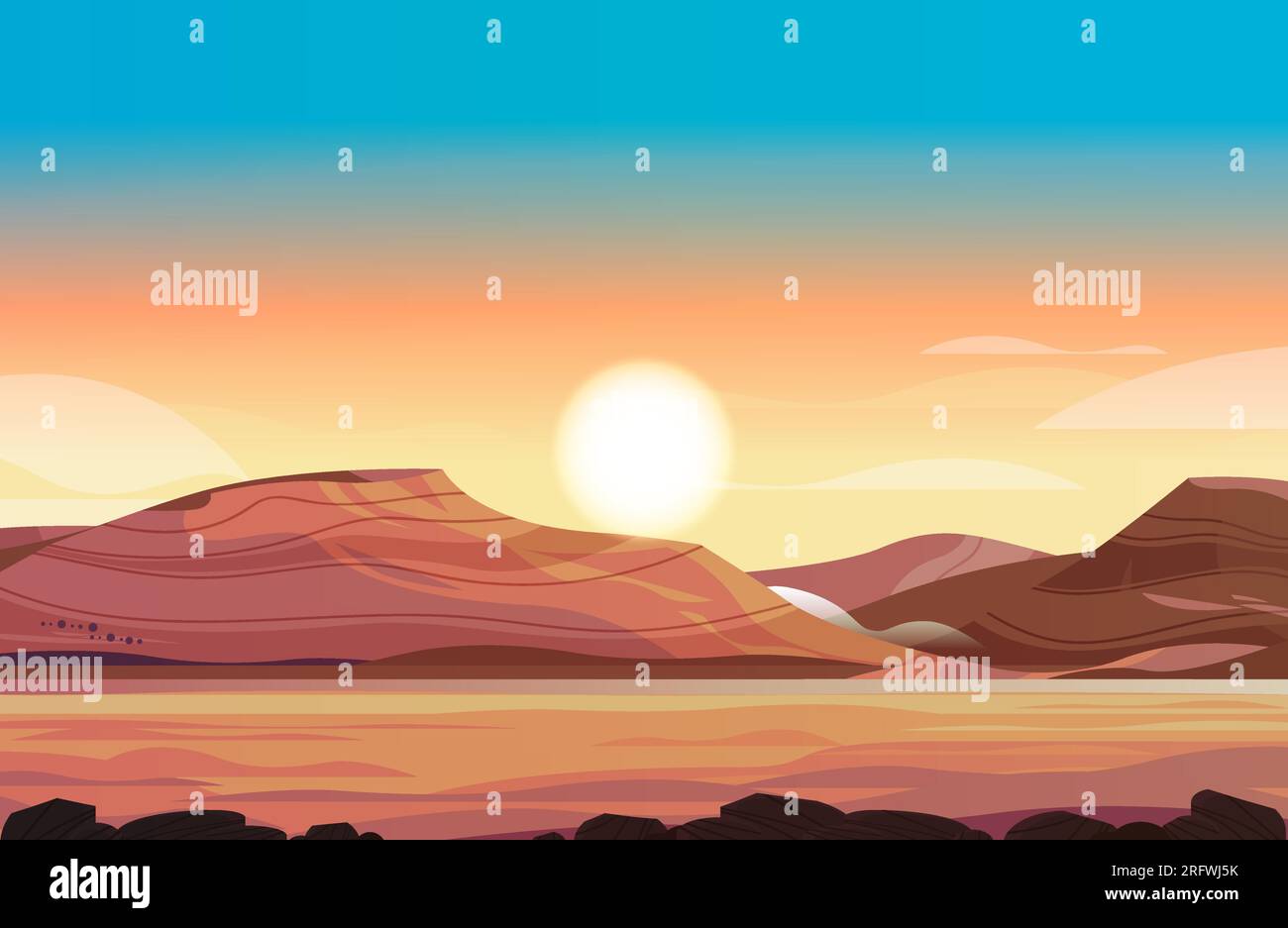 desert sunset landscape with golden sand dunes over mountains ...