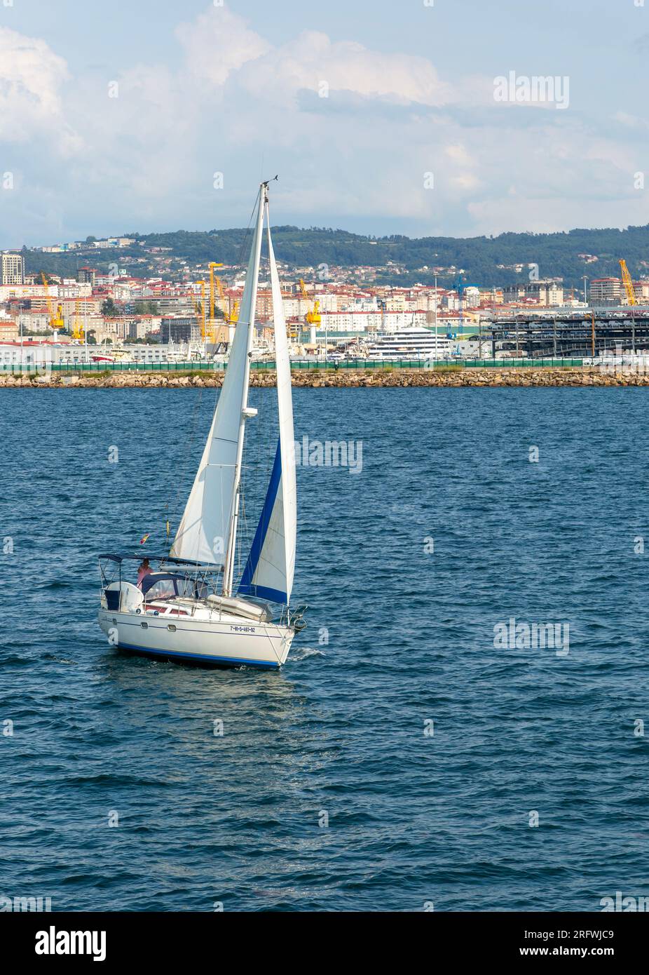 Small boat sailing in estuary of Ria de Vigo, Galicia, Spain Stock ...