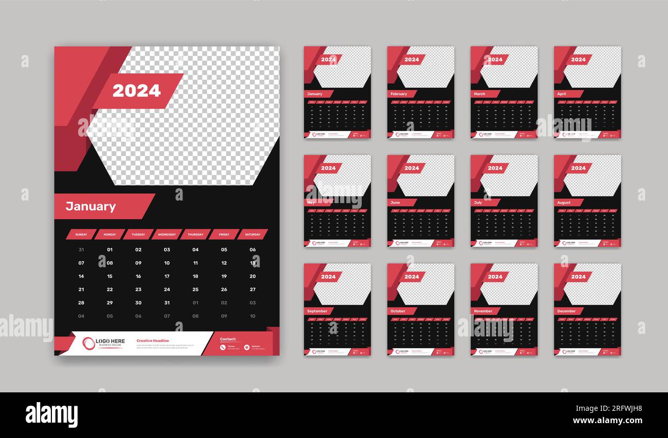Abstract designed 12 pages dark wall calendar template of 2024 with ...