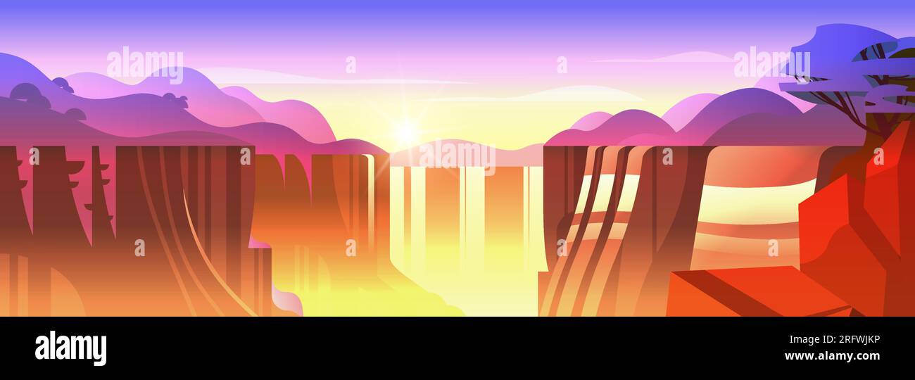 beautiful deep forest waterfall cartoon natural scenery with river ...