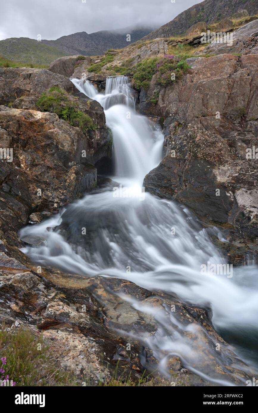 Waterfall part way up the Watkin Path on the accent of Snowdon, Gwynedd ...
