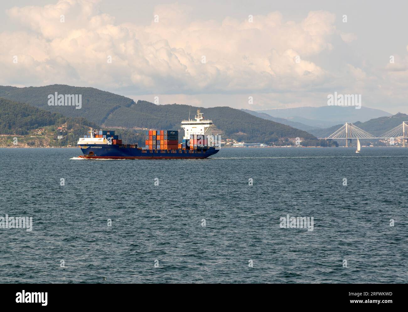 'Enforcer' container ship in Ria de Vigo estuary, Rande bridge, Vigo ...