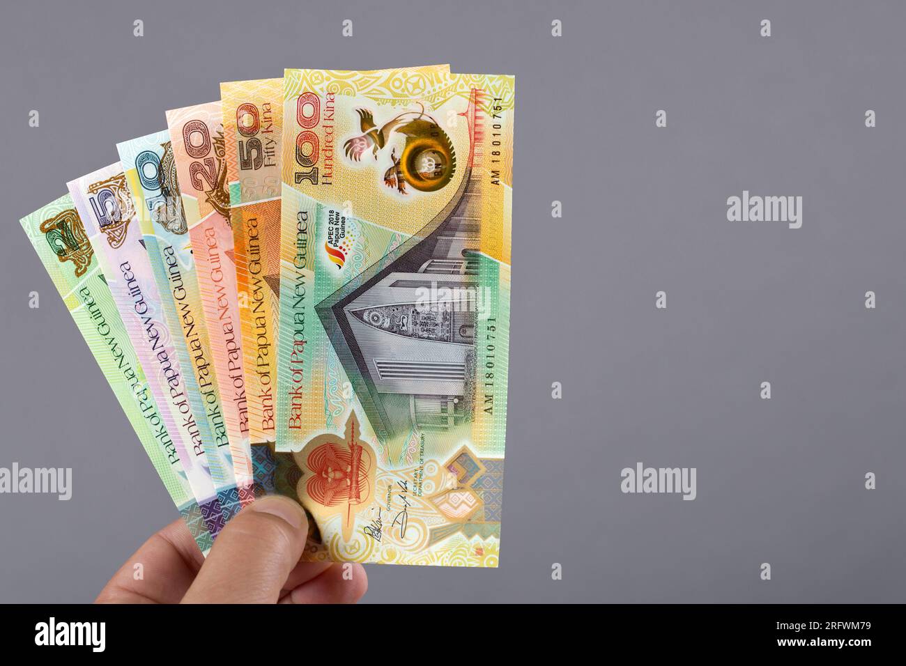 Papua New Guinean money - kina in the hand on a gray background Stock ...