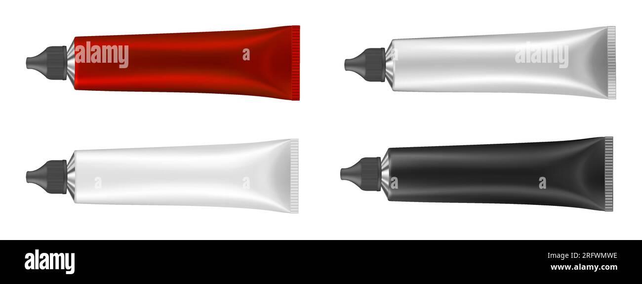 Black, red, silver and white metal tubes. Cream or toothpaste tube ...