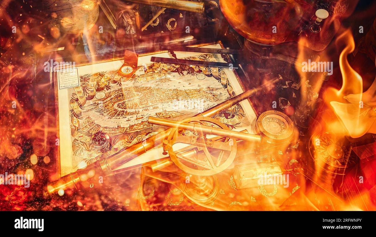 Old map in flames. Fire effect Stock Photo - Alamy