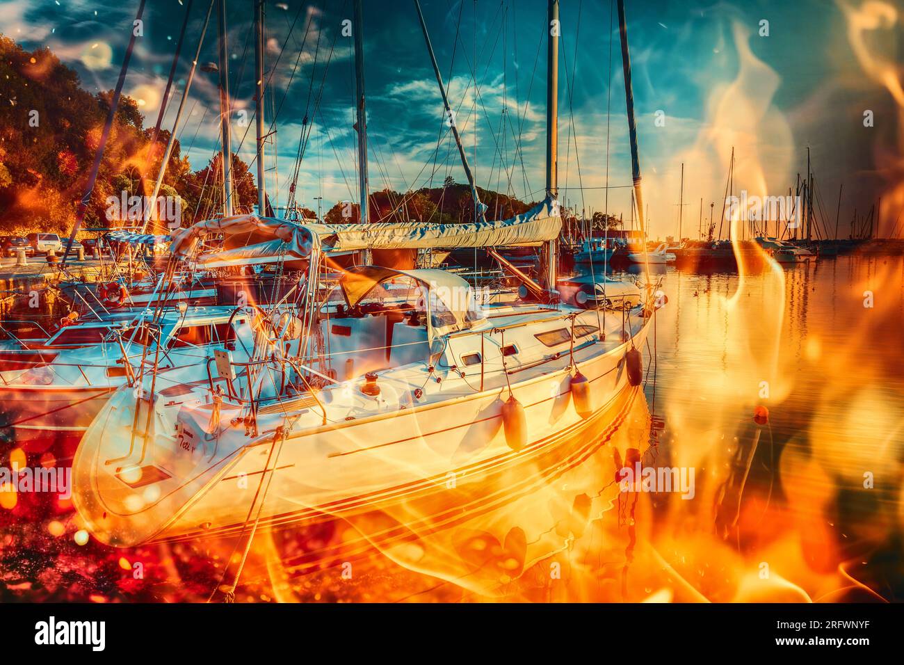 yachts moored in a harbor. Detailed view with yacht. Fire effect Stock ...