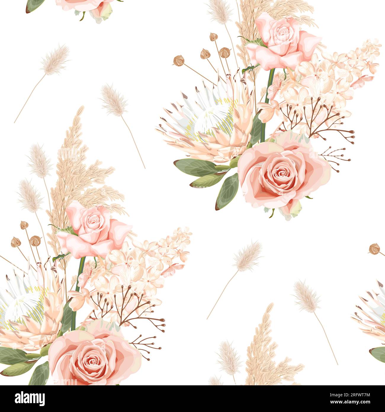 Boho, bohemian seamless floral pattern. Bouquet with roses, protea ...