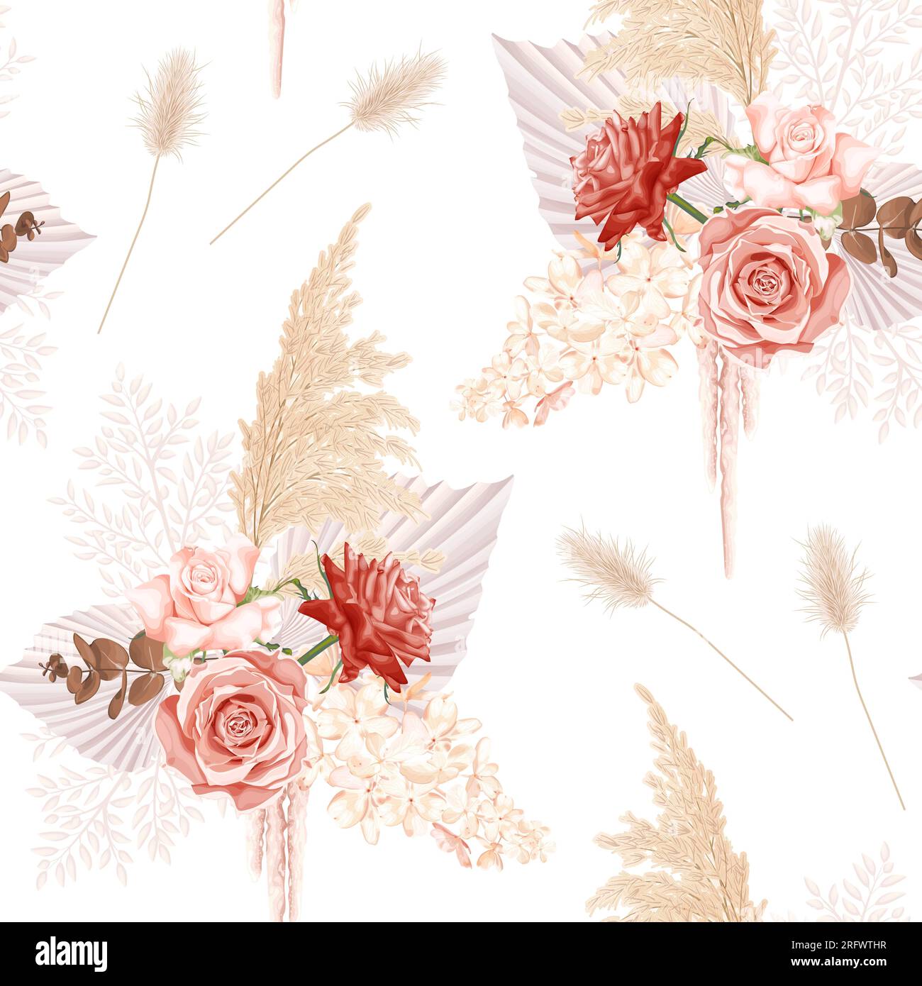 Boho, bohemian seamless floral pattern. Bouquet with roses, hydrangea ...