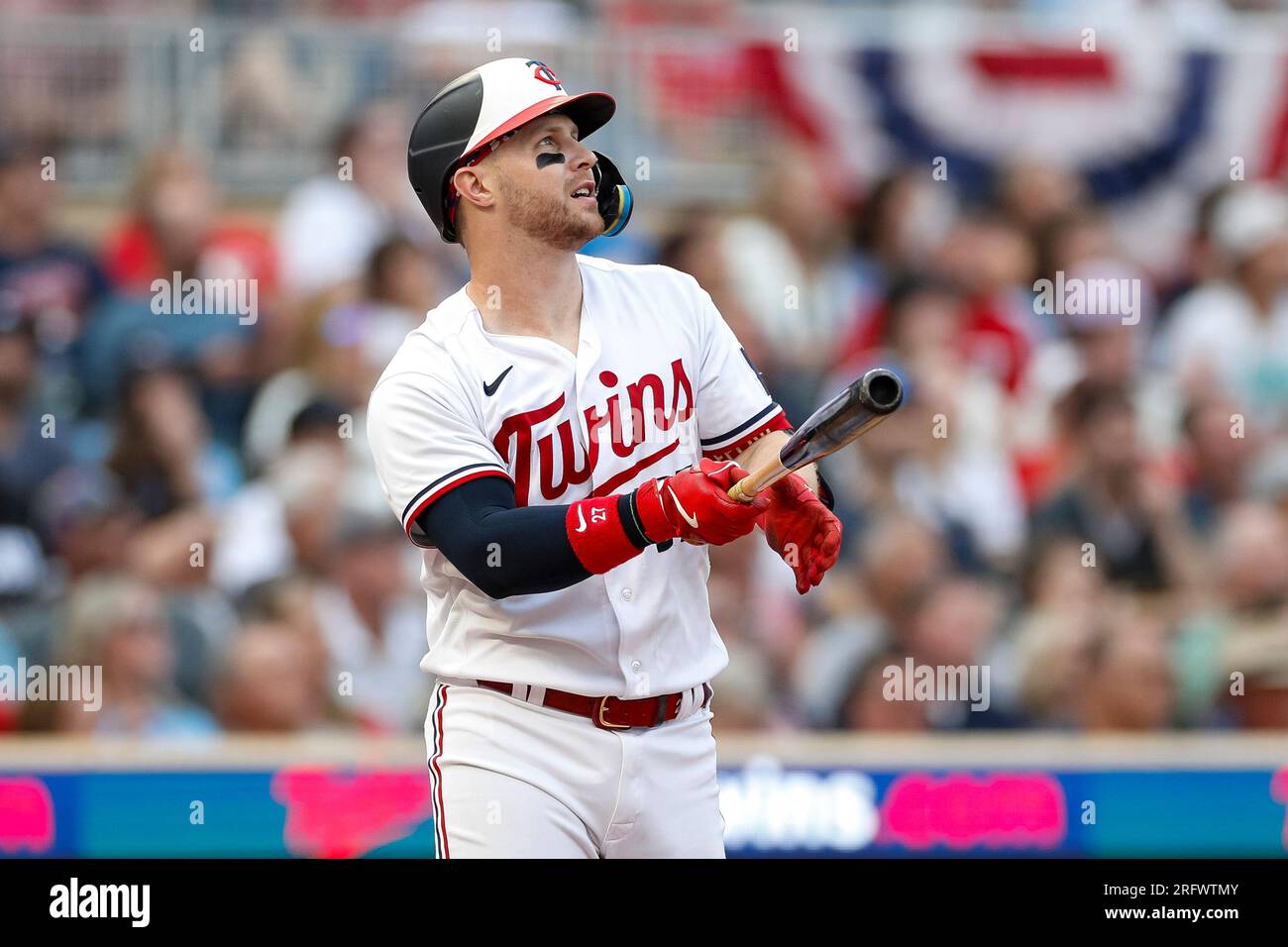 Minnesota Twins catcher Ryan Jeffers (27) hits a two run home run in ...