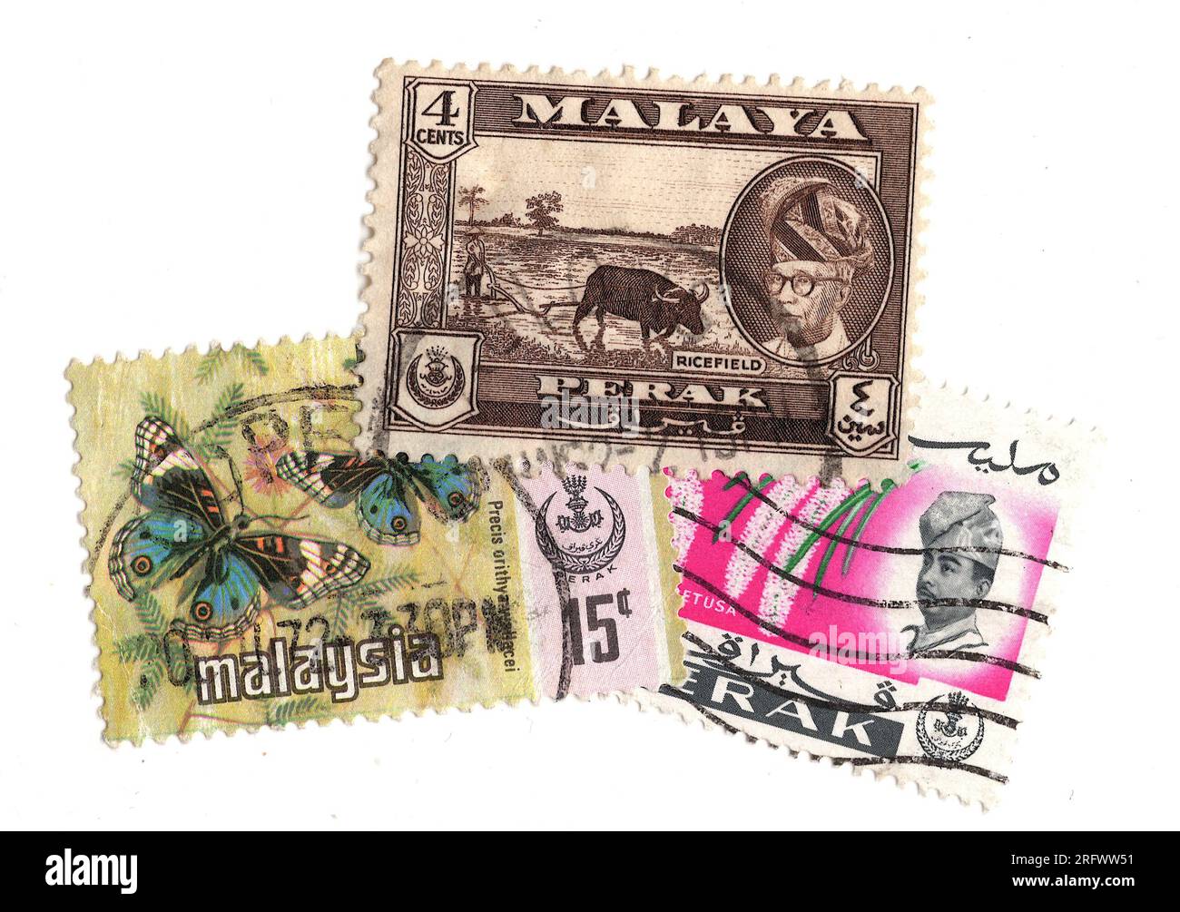 Vintage postage stamps from Malaysia isolated on a white background ...