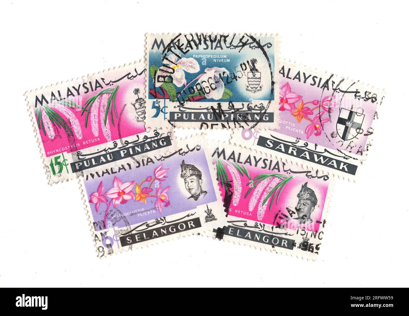 Vintage postage stamps from Malaysia isolated on a white background ...