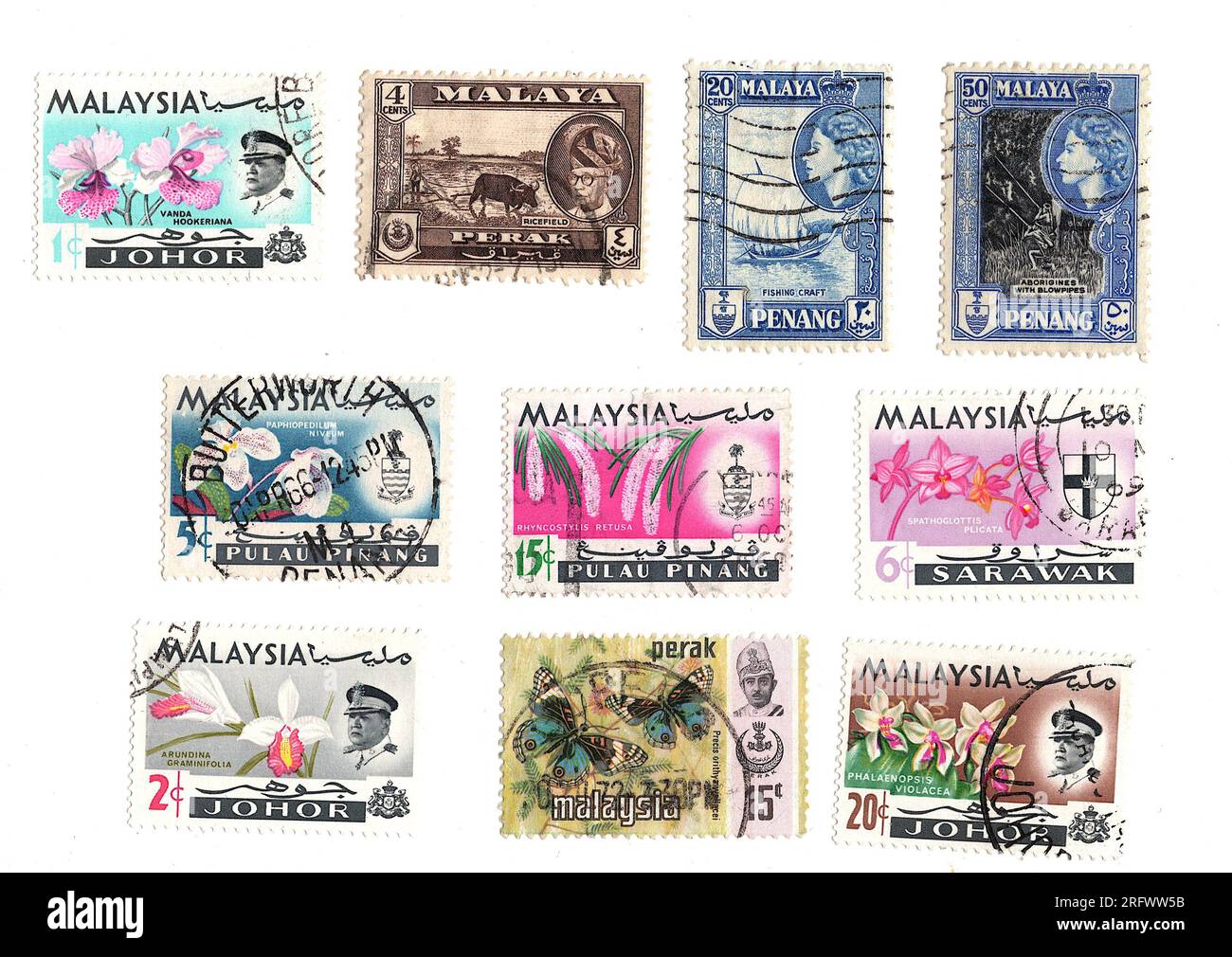 Vintage postage stamps from Malaysia isolated on a white background ...
