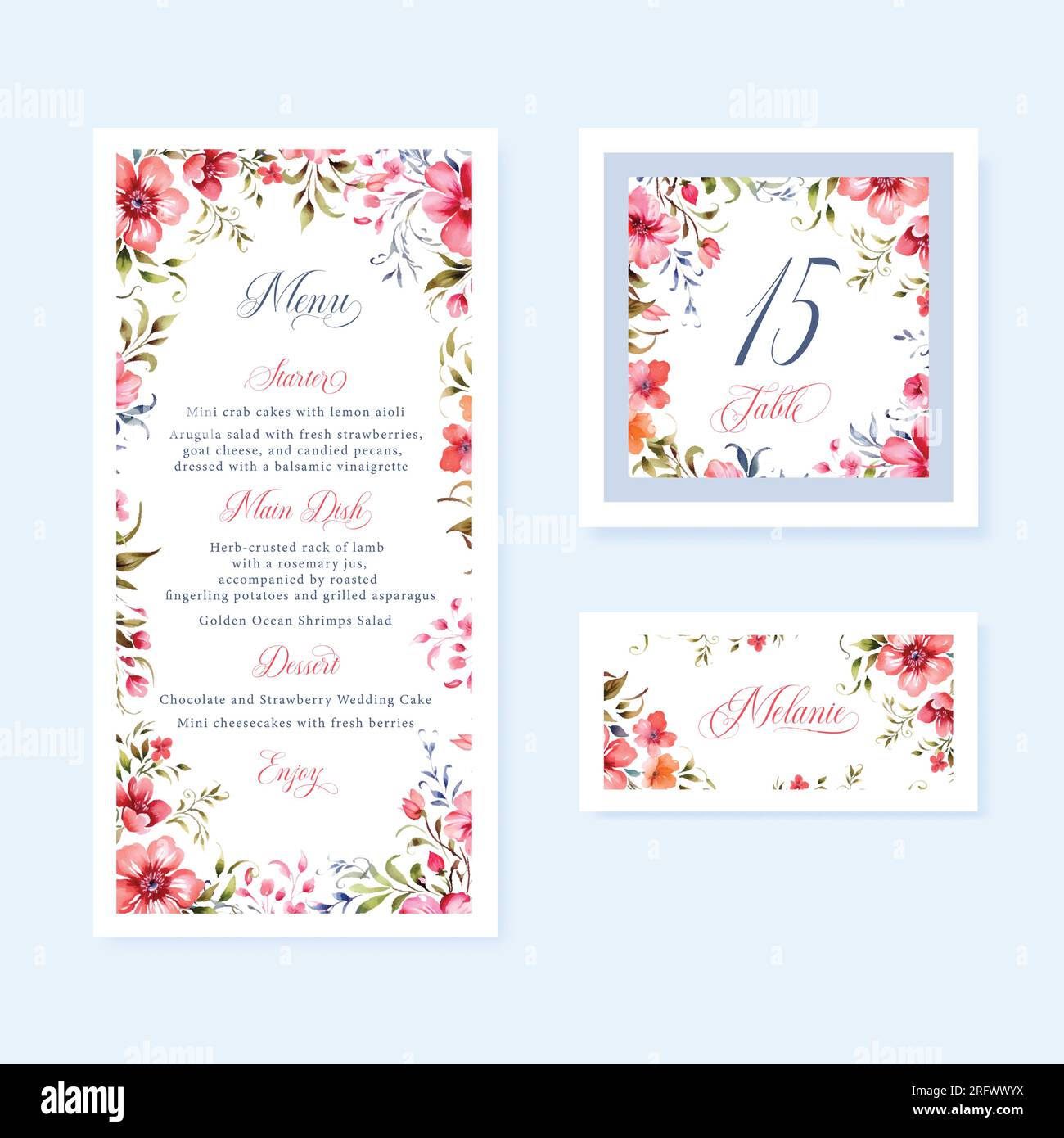 Watercolor floral wedding menu, table and escort cards with vintage ...