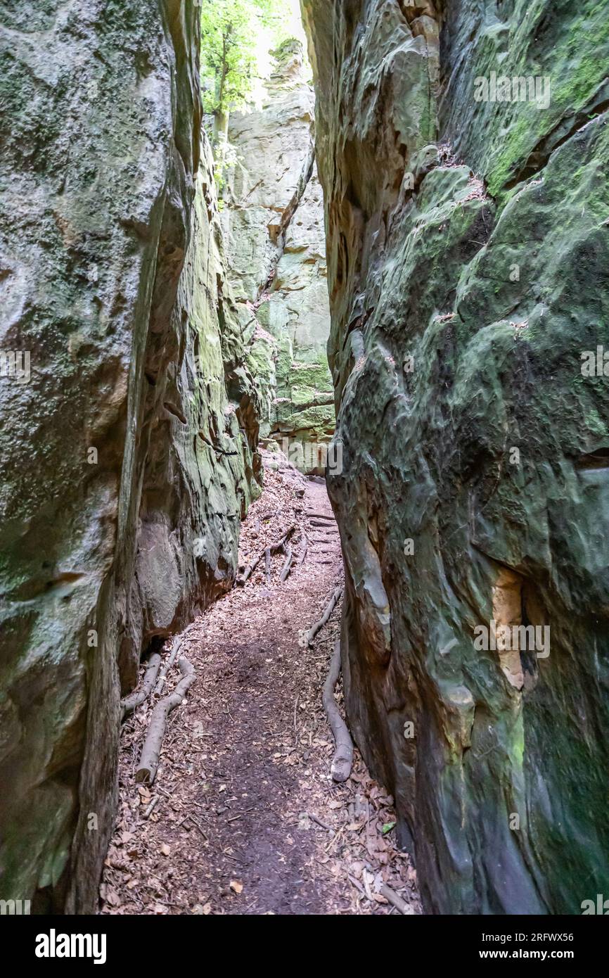 Hiking trail between a narrow groove between two rock formations in ...