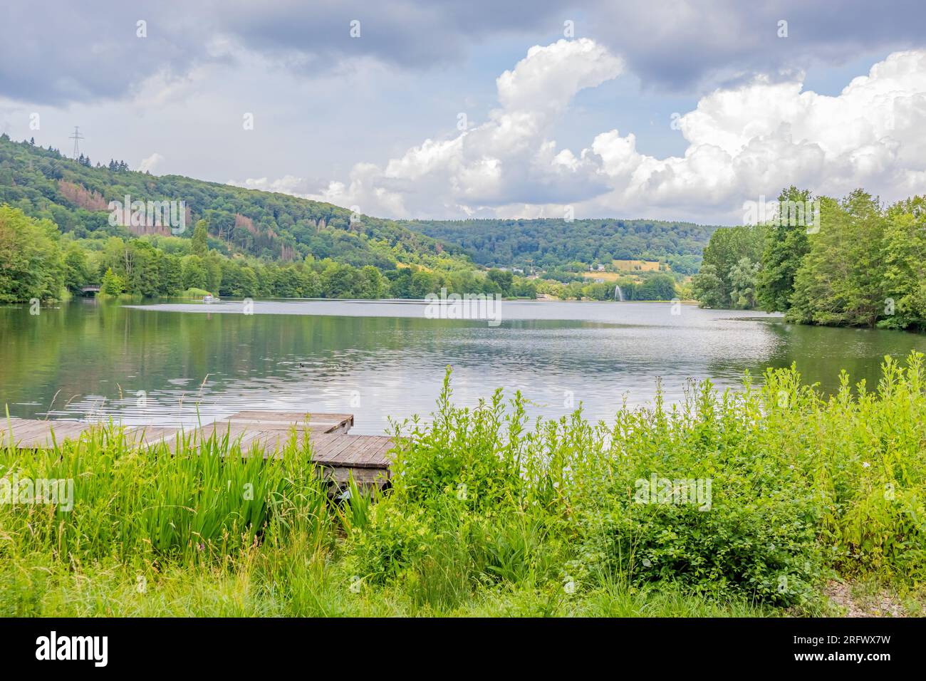 Lake Echternach landscape with fishing platform on shore, calm water ...