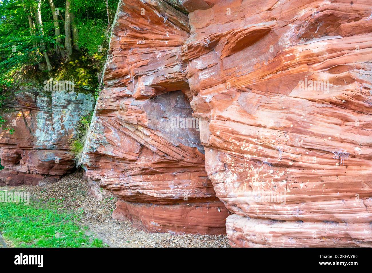 Red sandstone rocky slope, irregular texture, mold, white spots and ...