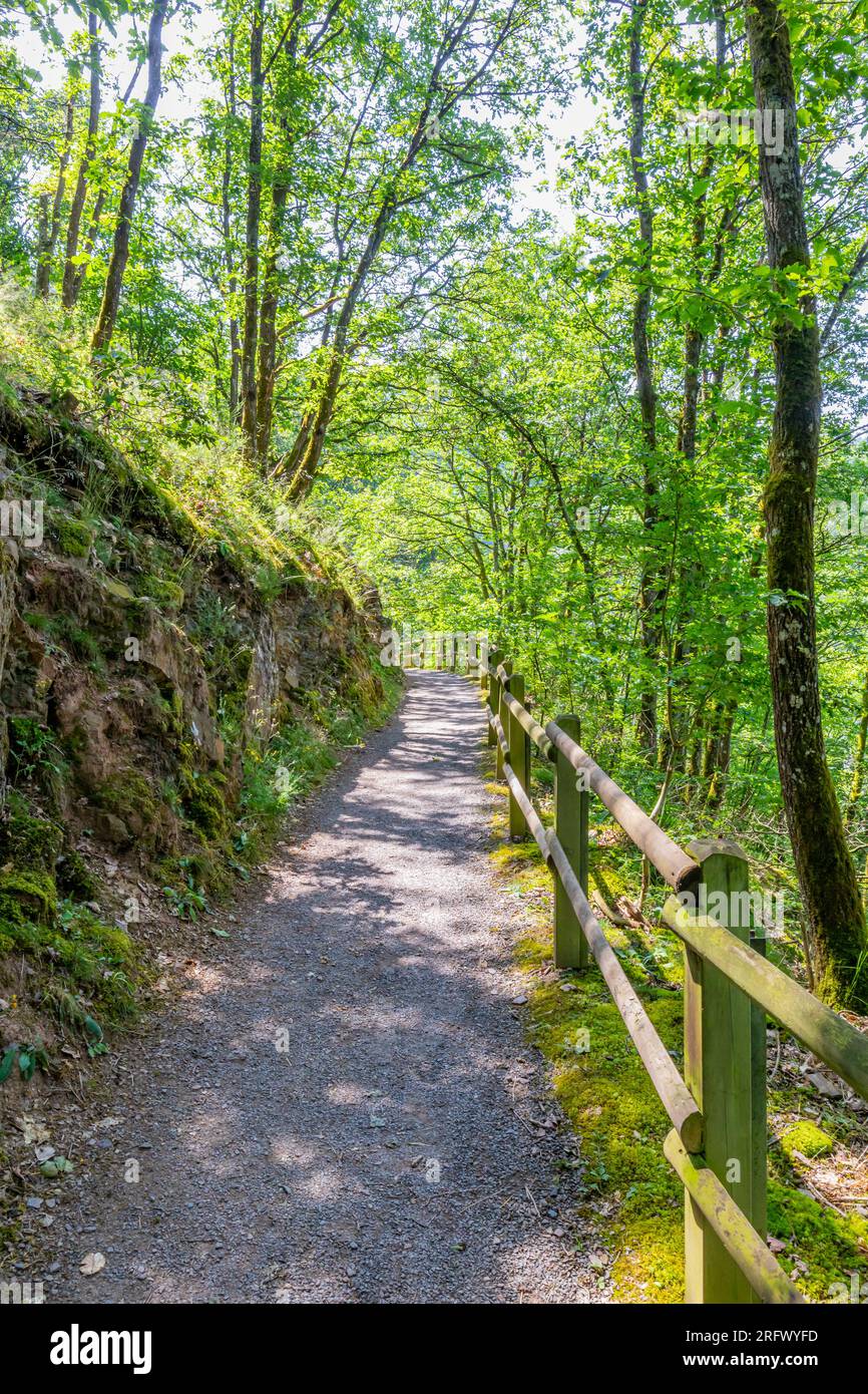 Hiking path between rocky slope and a wooden fence on lakeside circuit ...