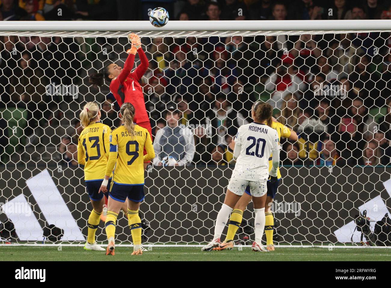 Sweden's goalkeeper Zecira Musovic, top, saves a ball during the Women ...