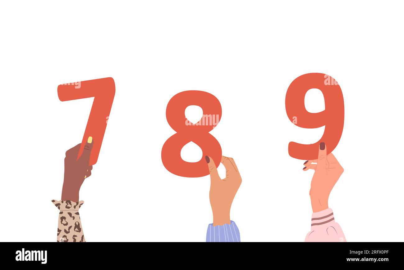 Group of different female hands holding red numbers. Diverse multi ...