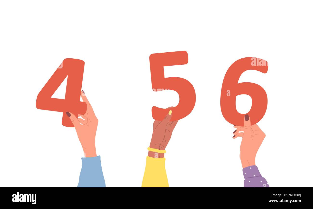 Group of different female hands holding red numbers. Diverse multi ...