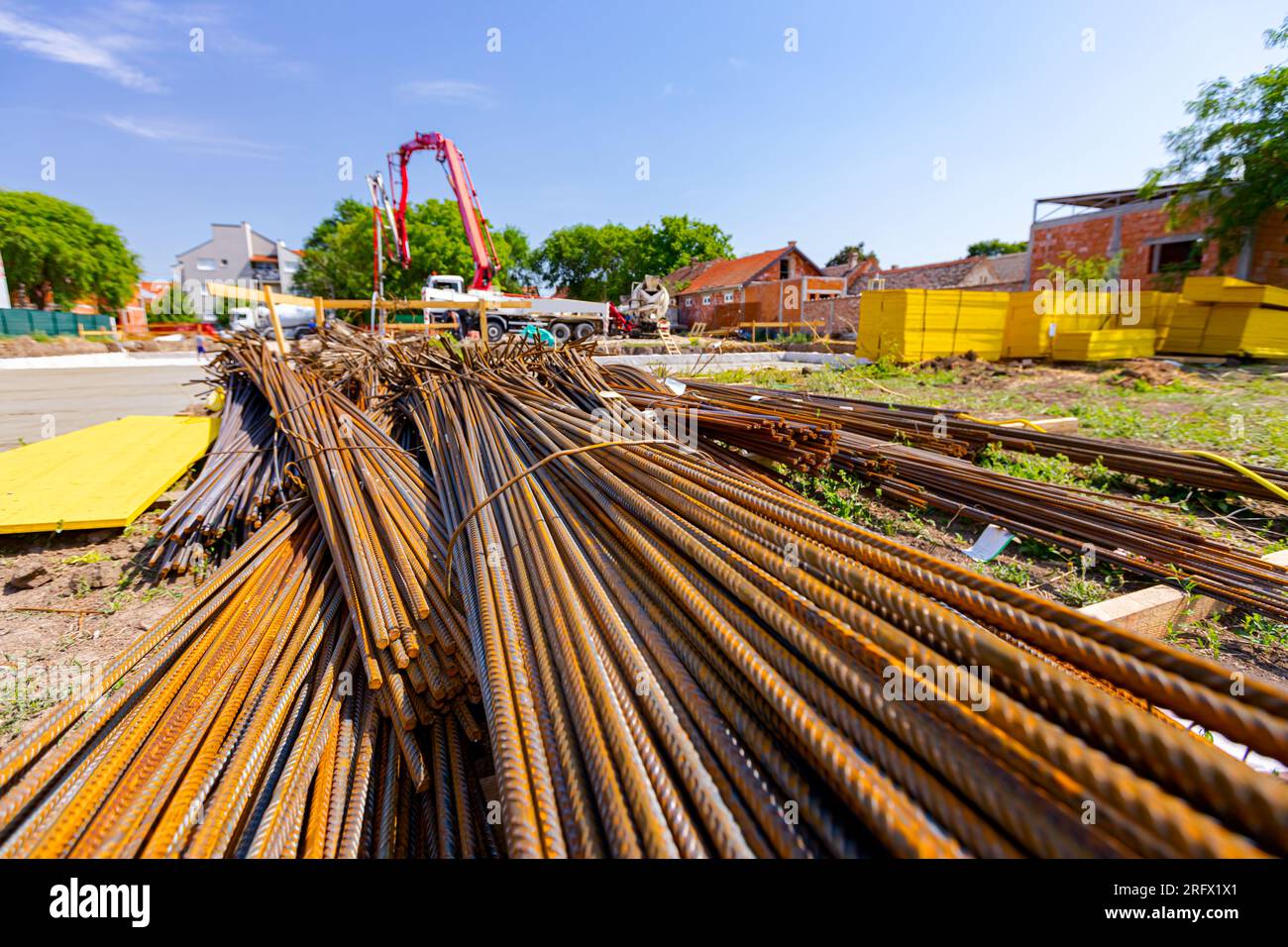 Tied bundles of steel bars reinforcement ready for installation ...