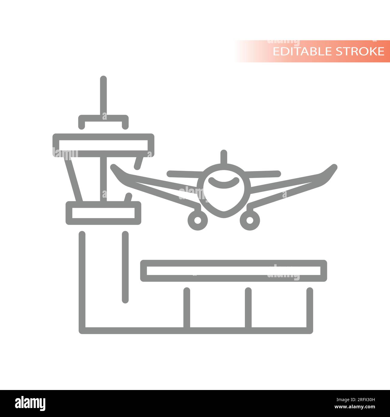 Terminal tower and airplane line vector icon. Airport outline symbol ...