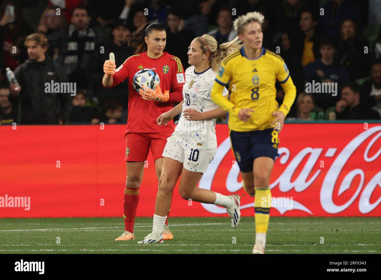 Sweden's goalkeeper Zecira Musovic, left, gives her thumbs up during ...