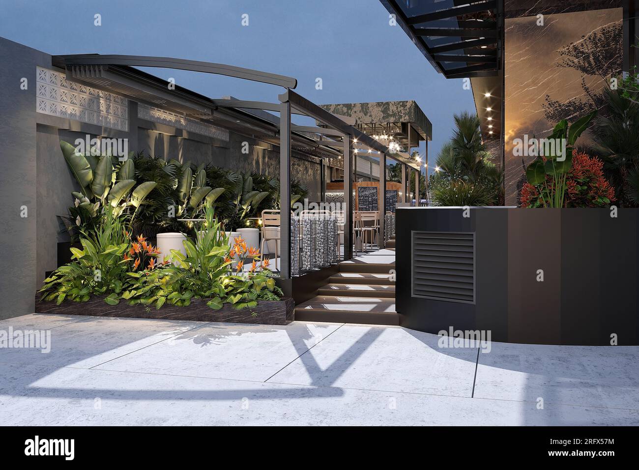 luxury restaurant patio cover by pergola, 3d render Stock Photo - Alamy
