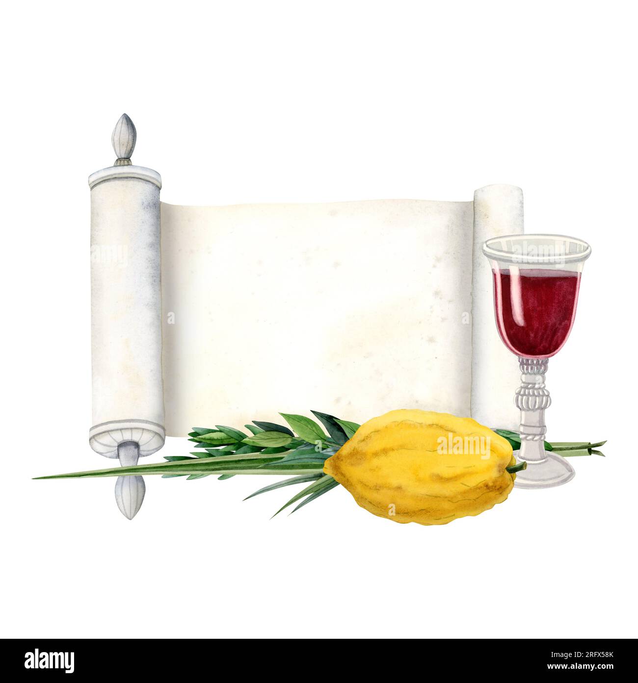 Jewish Sukkot greeting banner template with symbols, Torah scroll and ...