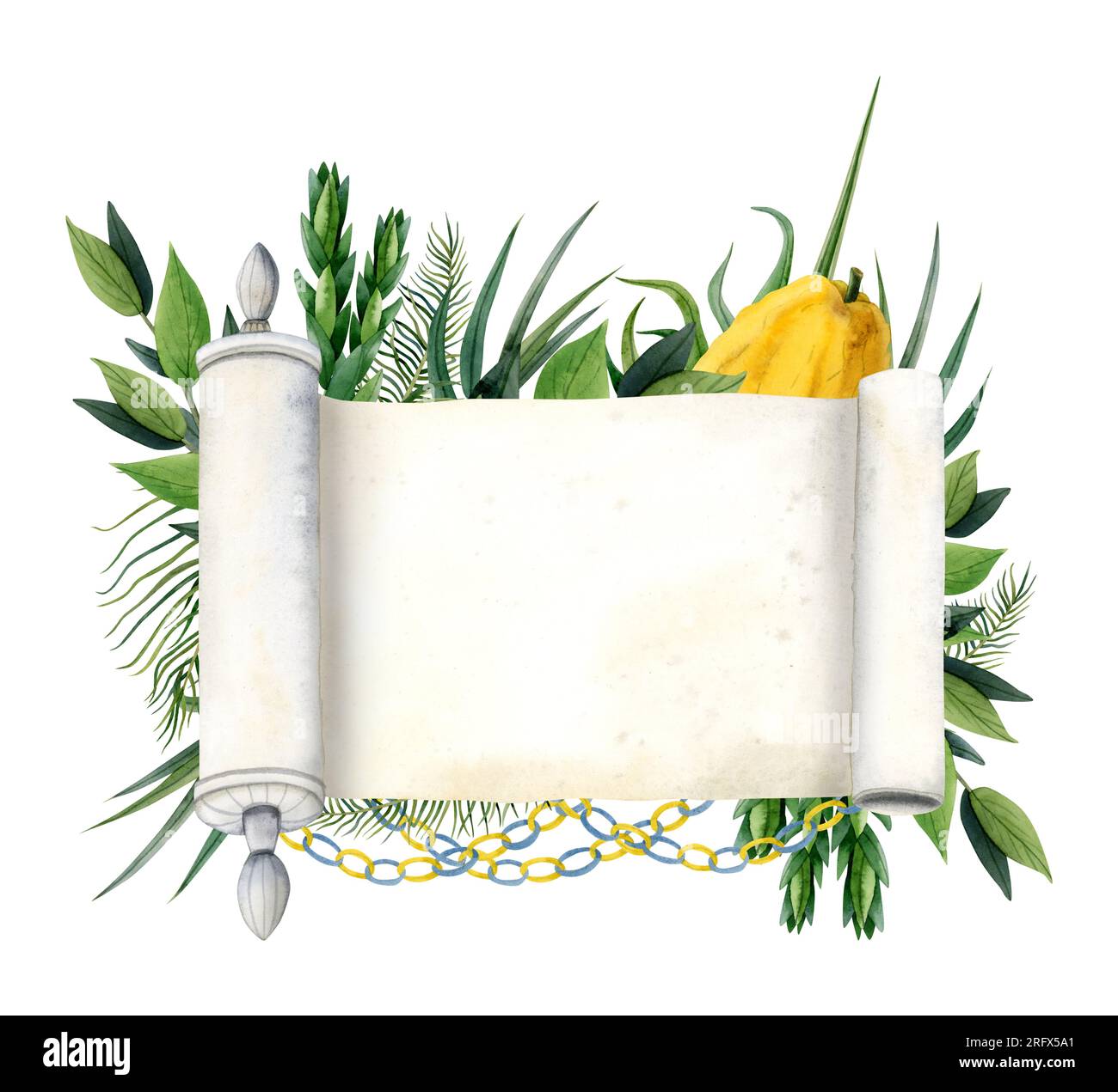 Sukkot banner tempate with blank Torah scroll and symbols watercolor ...